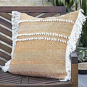Foreside Home & Garden Orange Striped Woven 20x20 Outdoor Decorative Throw Pillow with Hand Tied Fringe, 20 x 20 x 5, Brown