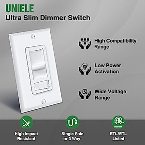 (6 Pack) UNIELE Ultra Slim Dimmer Light Switch, Max 300W Dimmable LED, CFL Lights, 600W Incandescent, Single-Pole or 3 Way LED Slide Dimmer Light Switch, 15A/120V/60Hz, ETL Listed, White
