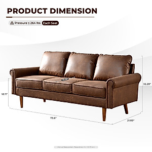 ovios 73.6" Mid-Century Modern Sofa Couch, 3-Seats Faux Leather Couches with Comfy Cushions, Deep Seat Sofas for Living Room Bedroom Apartment Small Spaces, Dark Coffee