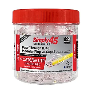 Simply45 ProSeries Unshielded Pass-Through RJ45 Modular Plugs with Cap45 for 23AWG Solid (Cat6/6a UTP) - Red Tint, Hi/Lo Stagger - 100-Pieces - S45-1700P
