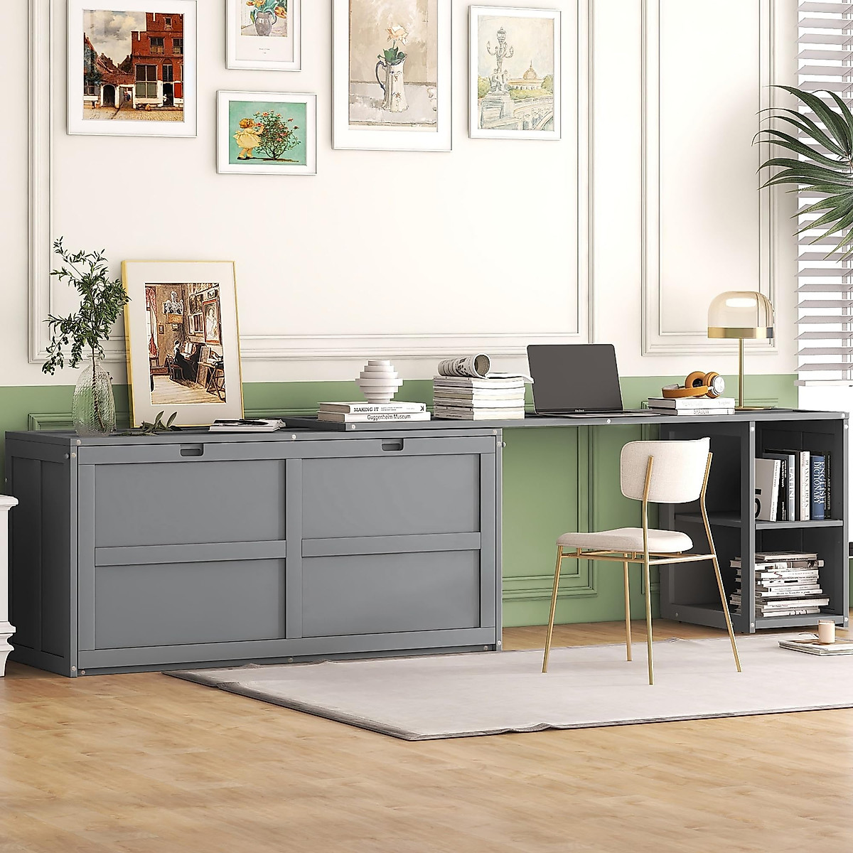 Bellemave Queen Size Murphy Bed with Rotatable Desk, Grey Wooden Cabinet & Workstation, Space Saving Design