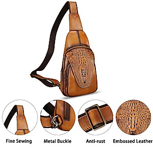 FEIGITOR Genuine Leather Sling Bag Embossed Crocodile Pattern Leather Crossbody Sling Backpack Handmade Chest Purse Daypack (Brown)