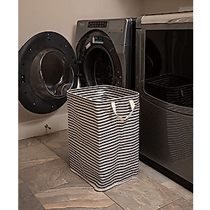 BIRDROCK HOME 61L Collapsible Single Square Laundry Hamper Basket - Grey & White Stripes Bin - Compact Dirty Clothes Organizer Bag - Lightweight Tote