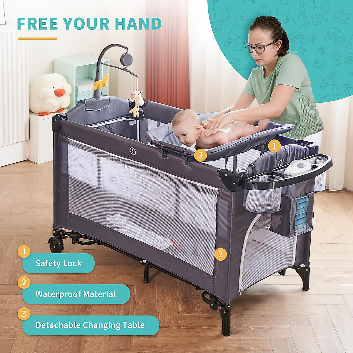 MOOITZ Baby Bassinet Bedside Crib, 6-in-1 Pack and Play with Bassinet, 4 Height Adjustable Bedside Crib, Newborn Portable Bassinet with Wheels, U-Shaped Diaper Table, Music Box & Hanging Toys