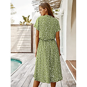 BROVAVE Women's Summer Polka Dot Print Shirt Dress Vintage Short Sleeve Button Down Midi Dress(Army Green, XL)