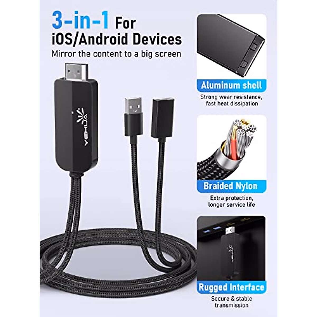 Compatible with iPhone to HDMI/USB C to HDMI/Micro USB to HDMI Cable, 3-in-1 MHL hdmi Phone to TV HDMI Cable, 1080P Mirroring&Charging Cable for All Smartphones Tablets to TV/Projector(3.28FT/1M)