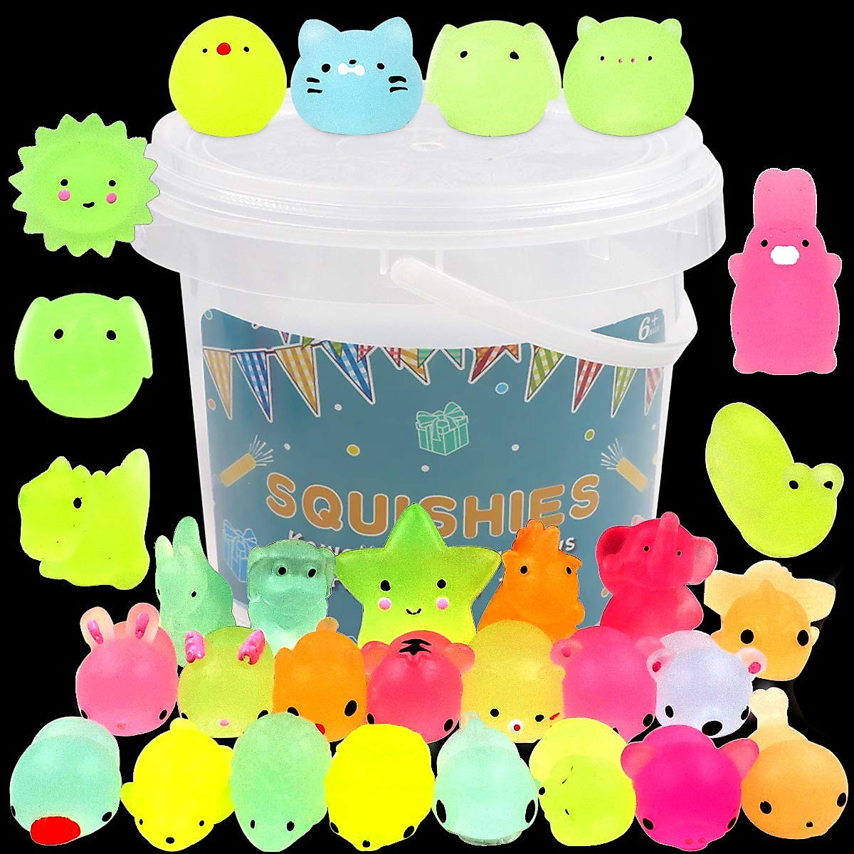 POKONBOY 23 Pack Squishies Mochi Squishy Toys Glow in The Dark Party Favors for Kids - Mini Kawaii Squishies Mochi Animals Stress Relief Squishy Pack Squishy Cat Squishys with Storage Box