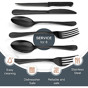 Tribal Cooking 49 Piece Silverware Set - Service for 8 - Stainless Steel Flatware serving set - Cutlery Set - Knives, Fork, and Spoon - Dishwasher Safe - Stunning Polished Finish - Black