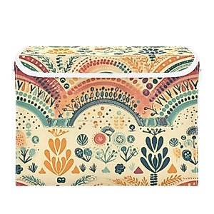 Vnurnrn Storage Bin with Lid Collapsible Vintage Rainbow Flower Print, Large Capacity Foldable Storage Basket Cube for Clothes Toys 16.5×12.6×11.8 IN