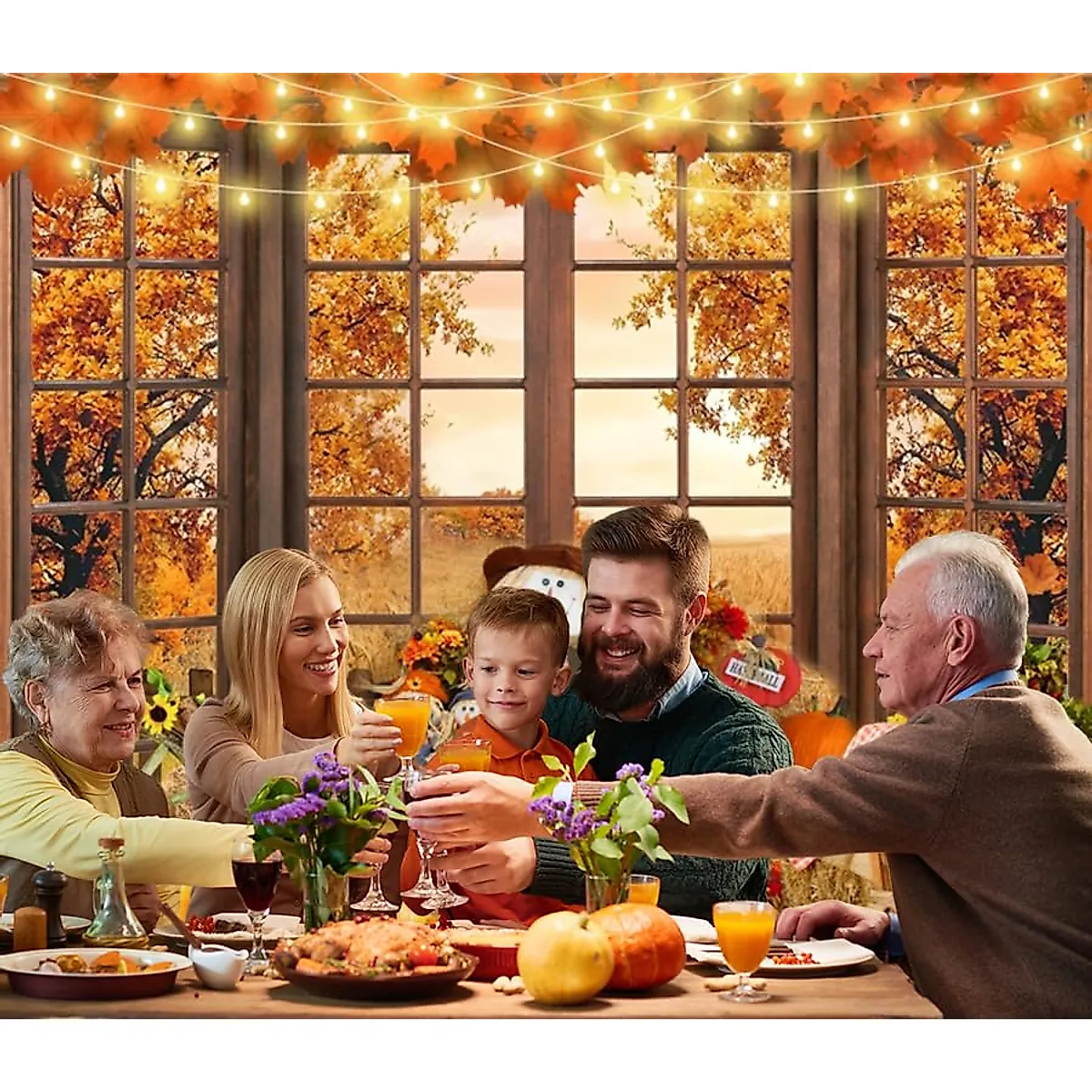 Fall Thanksgiving Backdrops for Photography Pumpkin Fall Window Photo Backdrop Scarecrow Maple Leaves Background Autumn Harvest Party Decorations Background Baby Shower Party Banner Photo Props 10x8ft