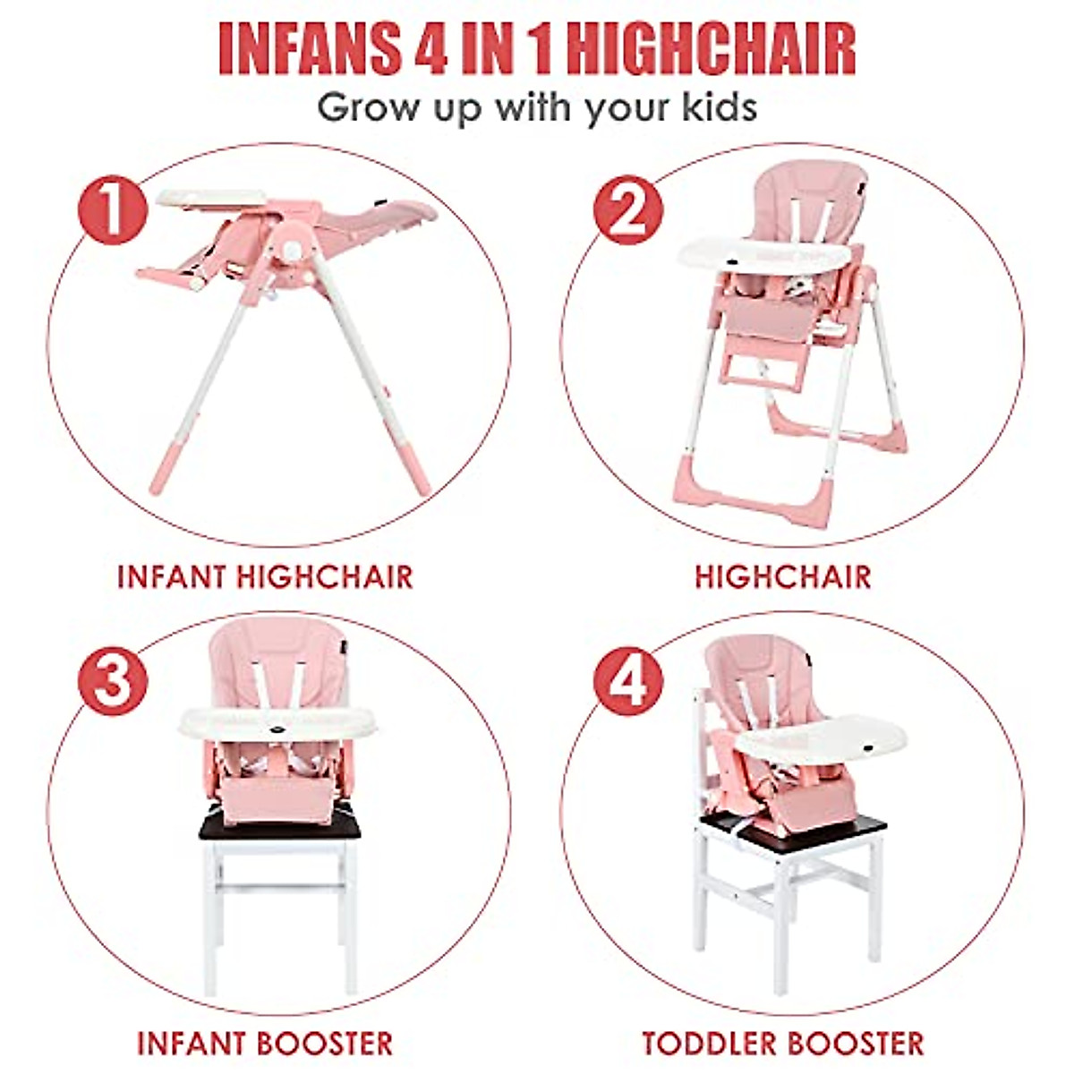 INFANS 4 in 1 High Chair–Booster Seat, Convertible Highchair w/Adjustable Height and Recline,Removable Tray,DetachableCushion, Installation-Free,Simple Fold for Baby, Infant& Toddler (Pink)