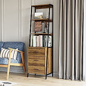 URKNO Industrial Ladder Shelves, Bookcase with Fabric Drawers and 3 Tier Open Shelves, Freestanding Storage Cabinet Tall Nightstand for Living Room, Bedroom, Office, Rustic Brown