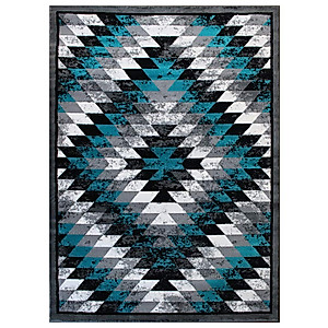 Masada Rugs, Stephanie Collection Area Rug Southwest Native American Distressed Design 1106 Turquoise Grey White Black (8 Feet X 10 Feet)