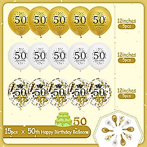 50th Latex Birthday Balloons, 15Pcs White Gold Happy 50th Birthday Balloons, White Gold 50th Birthday Party Decorations Balloons for Men Women 50th Birthday, Anniversary Decor
