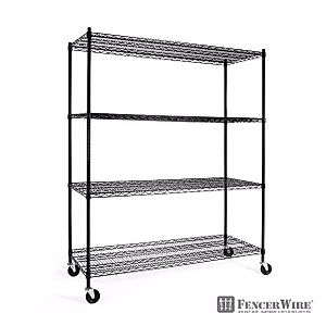 Fencer Wire 4-Tier Commercial Grade Heavy Duty Adjustable Height Wire Shelving w/Casters & Leveling Feet, Garage Shelving Storage Organizer, Storage Metal Steel Shelf, Utility Storage Shelf, Black..