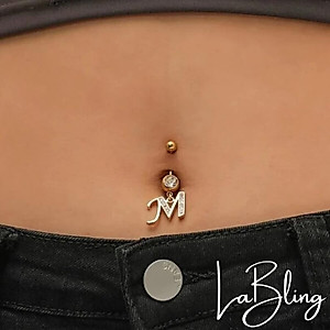 Initial Dangle Belly Button Rings | Embellished with CZ Crystals in Silver Letters A to Z | Ideal for Navel Piercings Belly Piercings - Initial P - BB-016