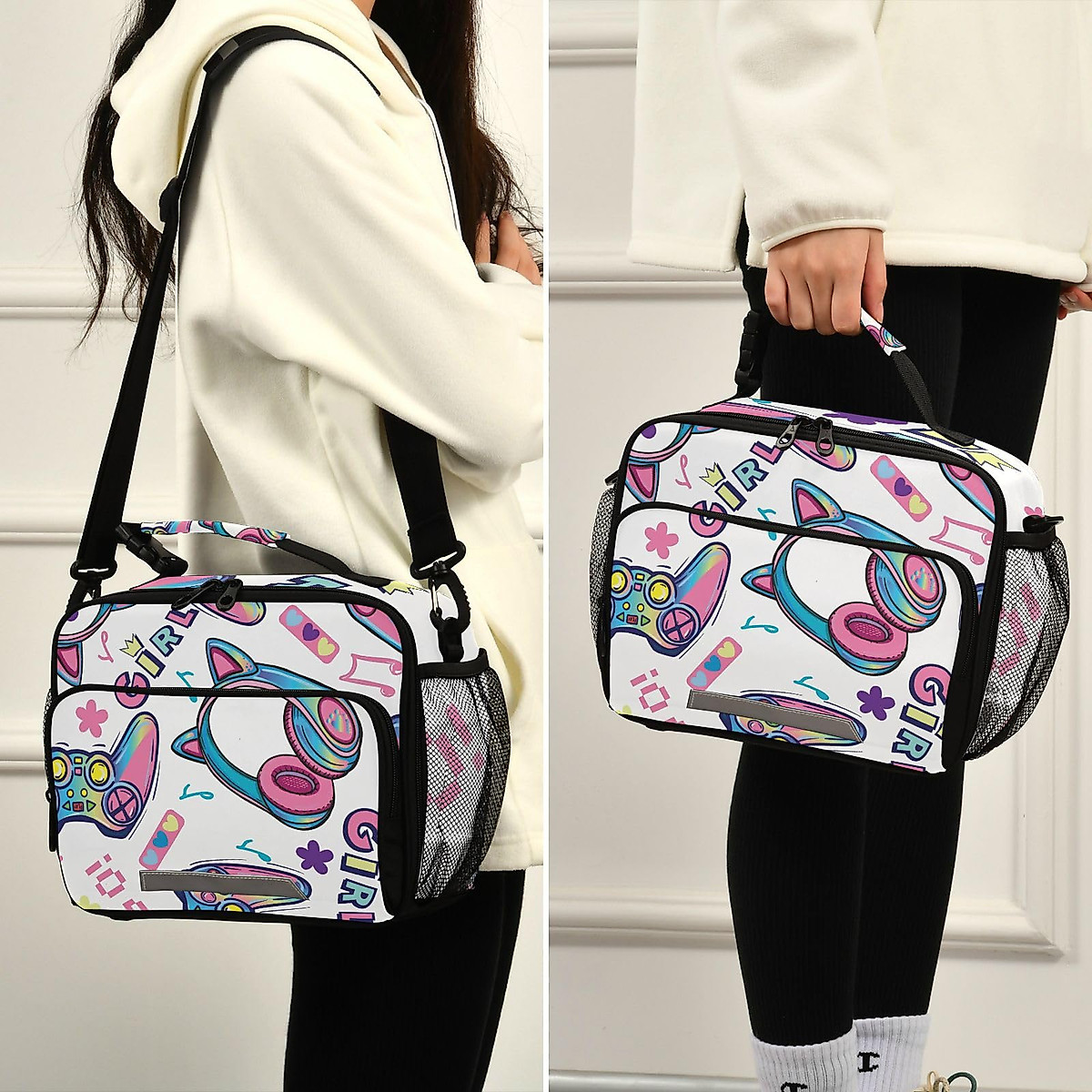 Pink Joysticks Devices Lunch Bag for Women Men Video Game Controller Insulated Cooler Tote Bag with Adjustable Shoulder Strap Large Capacity Reusable Leakproof Picnic Lunch Box Outdoor for Adult Offic