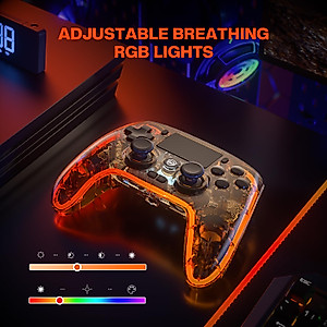 NYXI Wireless Controller for PS4, Hall Effect Joysticks Triggers, Transparent Controller with Breathing RGB Light, Programmable Buttons, 3.5mm Audio Jack Compatible with PS4/PC/iOS/Android