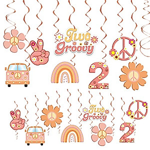 30 Pcs Two Groovy Party Hanging Swirls Decorations, Groovy Birthday Theme Ceiling Foil Swirls Party Supplies for 2 Year Old Girl Retro Hippie Boho Party Decor