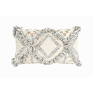 Creative Co-Op Wool Cream Kilim Pillow with Grey Fringe Accents