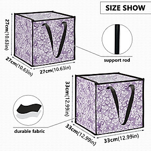 XIOMARA Foldable Storage Bins,Purple Pattern White Flowers Storage Baskets Cubes with Handles for Closet Nursery Office Grey and Black Trim (10.63x10.63x10.63in)