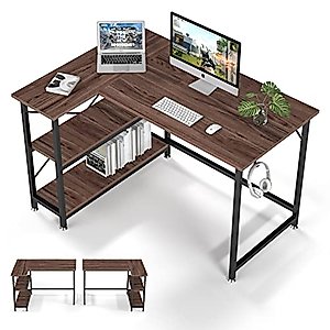 SunyesYo L Shaped Computer Desk 47 in - Small Office Home Gaming Desk with Storage Shelves - Study Writing Corner Table, Reversible Sturdy Workstation, Work PC Desk, Brown