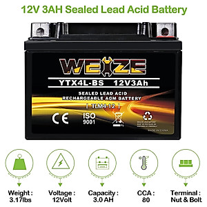 Weize YTX4L-BS High Performance-Rechargeable-Sealed Motorcycle Battery Compatible With Polaris Scrambler, Sportsman 90, Honda Scooters NQ50 Spree,Kawasaki 110 Can-Am DS70,Yamaha TTR125E/LE