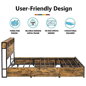 Furnideco Full Bed Frame with Bookcase Headboard and 4 Storage Drawers, Metal Platform Bed Frame with LED Light, Mattress Foundation with Metal Slats Support, No Box Spring Needed