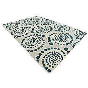 Unique Loom Modern Collection Geometric, Contemporary, Circles, Swirls, High-Low Pile, Indoor and Outdoor Area Rug, 7 ft x 10 ft, Ivory/Teal