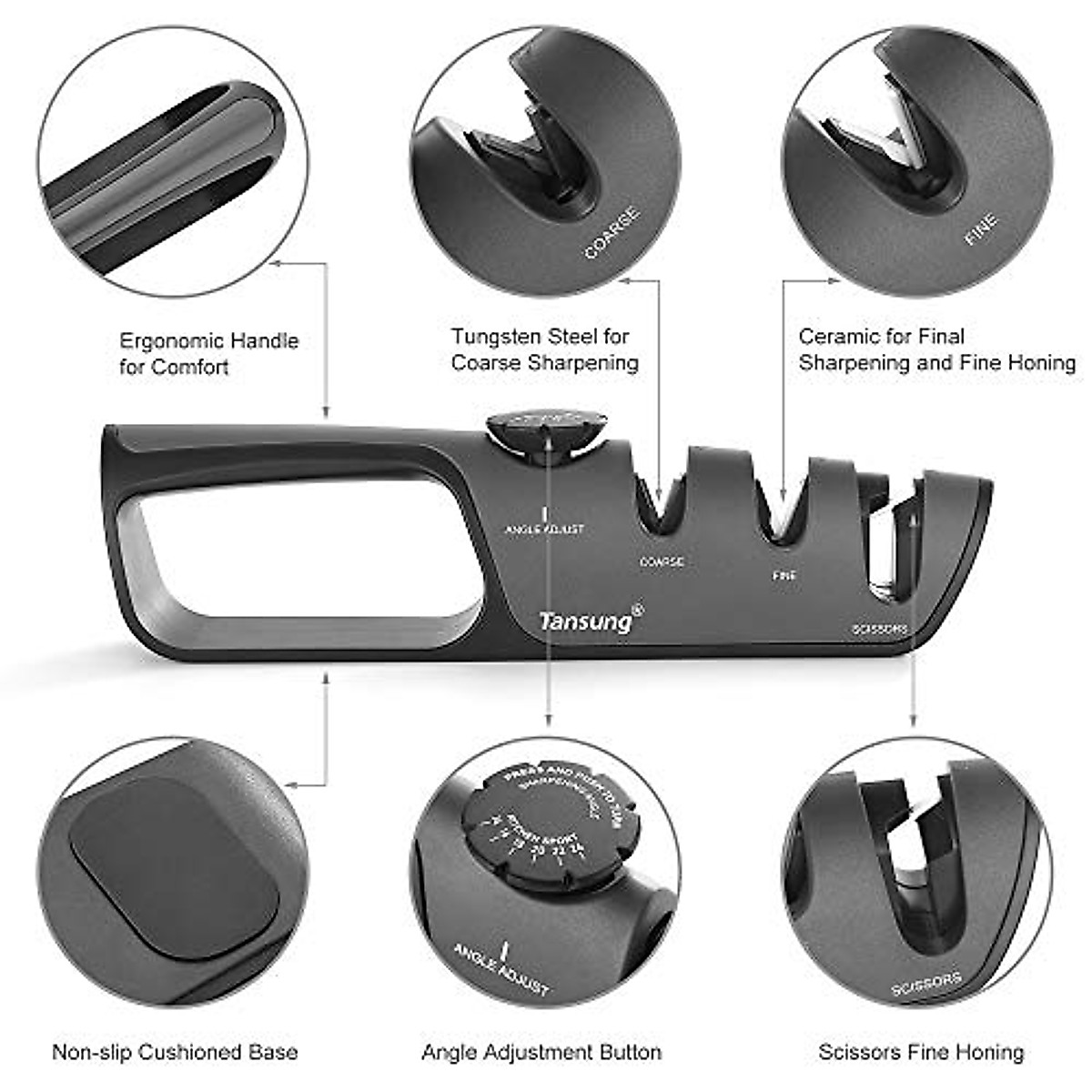 Knife Sharpener TANSUNG 3 Stage Kitchen Chef Knife and Scissor Sharpeners Restore Knives or Shears Blades Quickly Safely with Adjustable Angle Button for Various Household Knives Shear