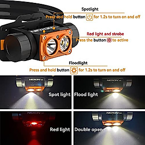 NICRON Rechargeable Headlamp, High Bright 1500 lumens 180° Rotating Aluminum LED Head Lamp with 3 Light Sources 10 Modes Waterproof Head Flashlight H25 for Camping Hunting Running Fishing Biking,Black