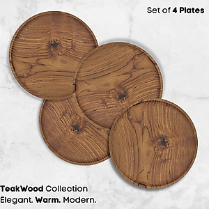 YUNIFF Wooden Plates, Teak Wood Dinner Plates, Round Serving Tray Or Serving Dishes All Natural Charger Plates Table Decor, Set Of 4, 12 Inch Wood Plates, Housewarming
