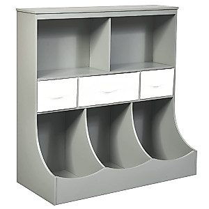 HONEY JOY Kids Toy Storage Organizer with Bookcase, 8-Cubby Organization Storage Cabinet w/Display Shelf & 3 Removable Fabric Bins, Wooden Toy Storage Unit for Playroom, Nursery Daycare(Gray)