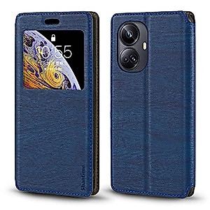Shantime for Oppo Realme 10 Pro+ Case, Wood Grain Leather Case with Card Holder and Window, Magnetic Flip Cover for Oppo Realme 10 Pro Plus (6.7”) Blue