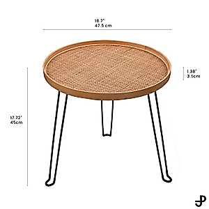 [PJ Collection] Round Wood and Rattan Side Table, Foldable Table with Metal Tripod, Rattan Round Tray Top, Boho Style, Chic Coffee Table, Side Table (Height 17.7", Grid Knit Pattern)