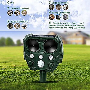 Ultrasonic Animal Repeller, Solar Animal Deterrent with Motion Sensor and Flashing Lights,Outdoor Waterproof Farm Garden Yard Repellent for Cat Rodent Squirrel Dog Rabbit Raccoon Skunk Fox Deer etc