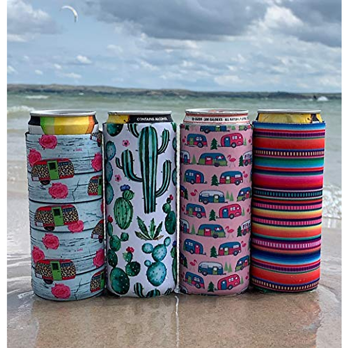 Party Girl Kim Slim Can Coolers - Neoprene Insulated Slim Can Cooler for Tall Skinny 12oz Cans like Truly Hard Seltzers and Red Bull - 4 Pack Camper