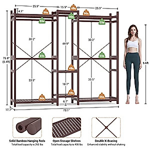 Homykic Bamboo Closet System, Large Clothing Rack Garment Rack for Hanging Clothes, Freestanding Clothes Rack with Shelves and 5 Rods, Stable Open Wardrobe Organizer with 4 Hooks, 70”Wx77”H, Espresso