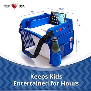 Car Seat Kids Travel Tray - Toddler Lap Activity Table Includes Dry Erase Board, Dry Erase Markers, Coloring Book & Secure Tablet Cover - Comfort Car Tray Base, Foldable with Easy to Carry Strap