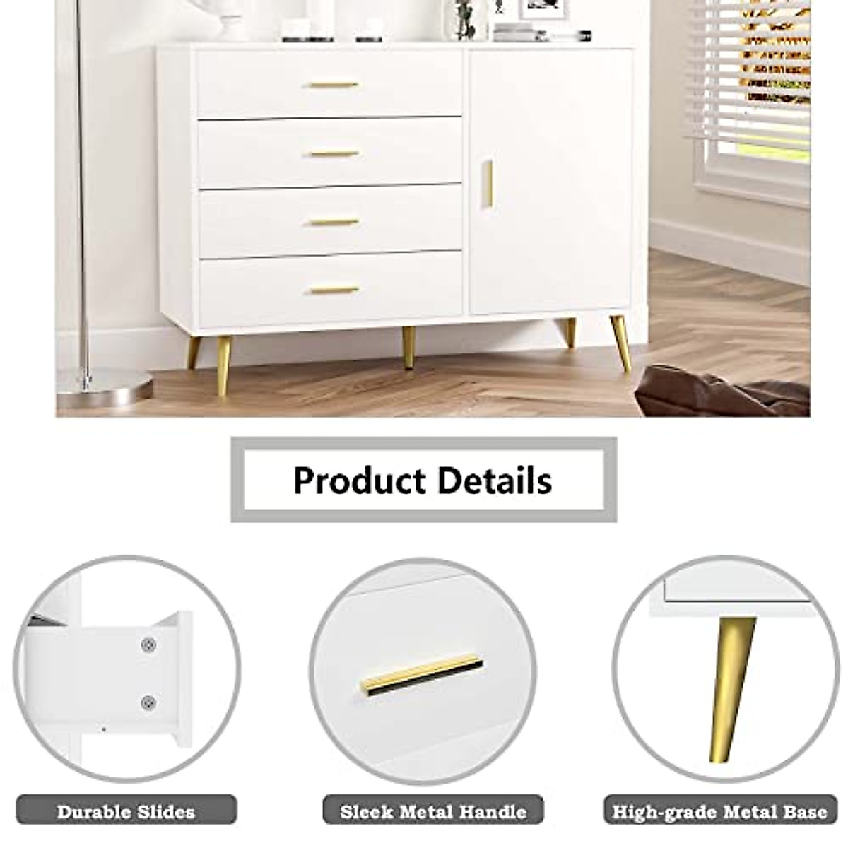 RESOM Storage Cabinet with Drawers & Door, Sideboard Cabinet with Adjustable Shelf, Printer Stand for Home Office, Free Standing Accent Cabinet for Living Room, Bedroom and Hallway (White)