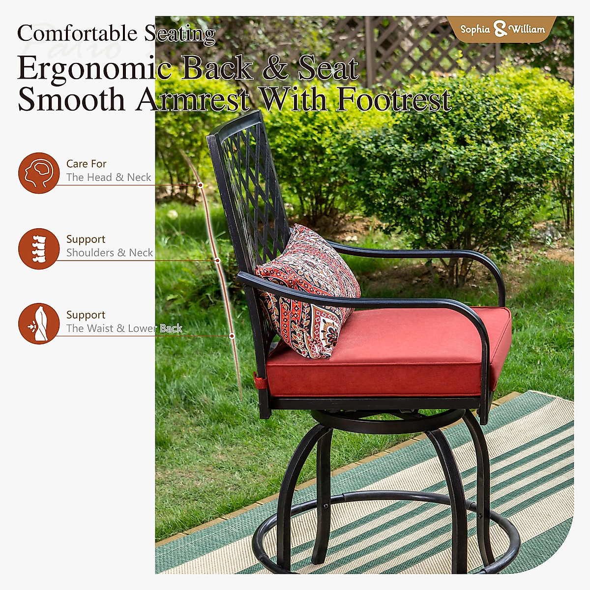 Sophia & William Outdoor Swivel Bar Stools Set of 6 Patio Bar Height Dining Chairs, All-Weather Metal Furniture Set with Armrest and Cushion for Garden Lawn Backyard, Red