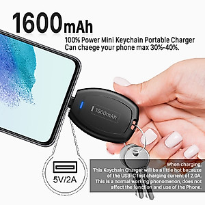 HUAENG 1600mAh USB-C Keychain Portable Charger for Andriod Phones, Mini Type-C Emergency Power pods Ultra-Compact Power Bank Pack Key Ring Phone Charger for Samsung Galaxy S23, Moto Phone-Black