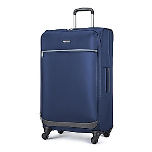 Amazon Basics Luggage, 30" Large Checked Softside Suitcase With Wheels With Four 360-Degree Multi-directional Spinner Wheels Expandable Space Zippered Pocket and Straps, Telescopic Handle, Navy Blue