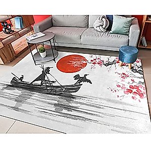 ALAZA Japanese Painting Mountain Landscape Sun Cherry Tree Non Slip Area Rug 4' x 5' for Living Dinning Room Bedroom Kitchen Hallway Office Modern Home Decorative