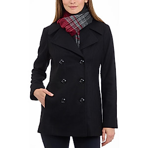 LONDON FOG womens Double Breasted Peacoat With Scarf Pea Coat, Black, Large US