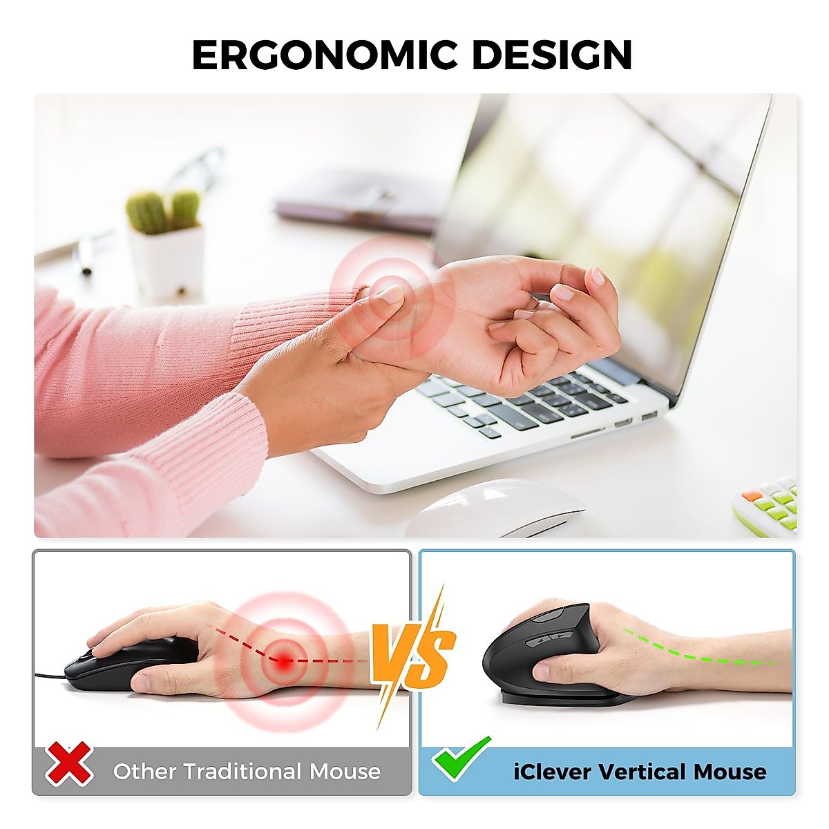iClever Ergonomic Mouse, 2.4G Wireless Vertical Mouse with 4 Adjustable DPI, Silent Click, 7 Buttons, 3 Adjustable Tilt, Rechargeable Mouse Jiggler for Laptop, Desktop, PC, Computer, Windows 8/10/11