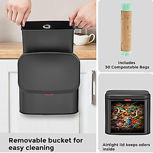 Nunsino Hanging Kitchen Compost Bin 4 Liter / 1.05 Gallon Includes 30 Compostable Bags, Trash Can with Removable Inner Bucket, Stainless Steel, Airtight Lid, Black (N01TC004BB)