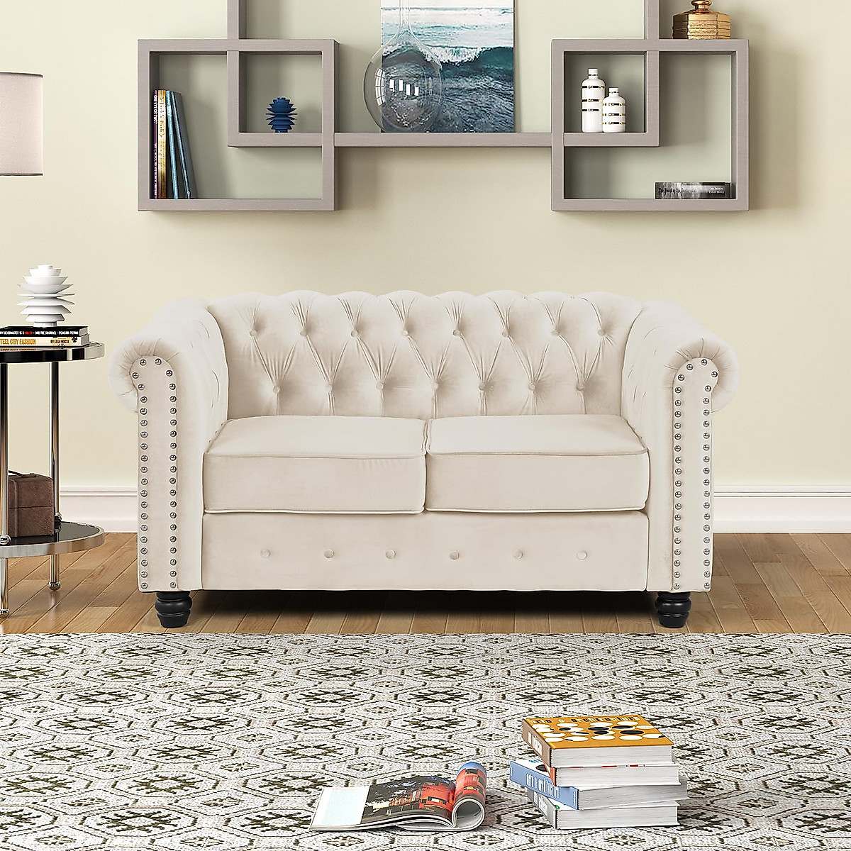 Morden Fort Loveseat for Living Room, Loveseat Sofa No Sagging, Loveseats 24'' Comfy Seat Depth, Modern Loveseat Tool-Free Assemble, Velvet Loveseat Pet-Friendly Super Soft Chesterfield Beige