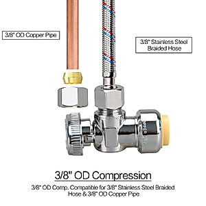 1/2/5/10/20pcs Stop Valves, 1/2" × 3/8" Angle Stop Valve, 1/2" PTC Input, 3/8" OD Compression Output, Push to Connect, 1/4 Turn, Chrome Plated Brass for Faucet, Toilet Valves, No Lead (2pcs Angle)