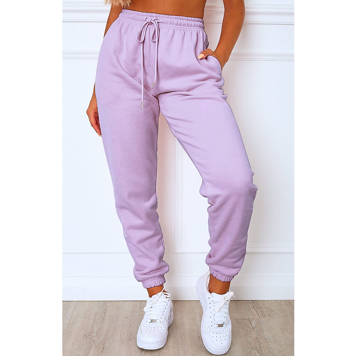 Waitfairy Women's High Waisted Sweatpants Cinch Bottom Jogger Pants with Pockets for Teen Girls Light Purple L